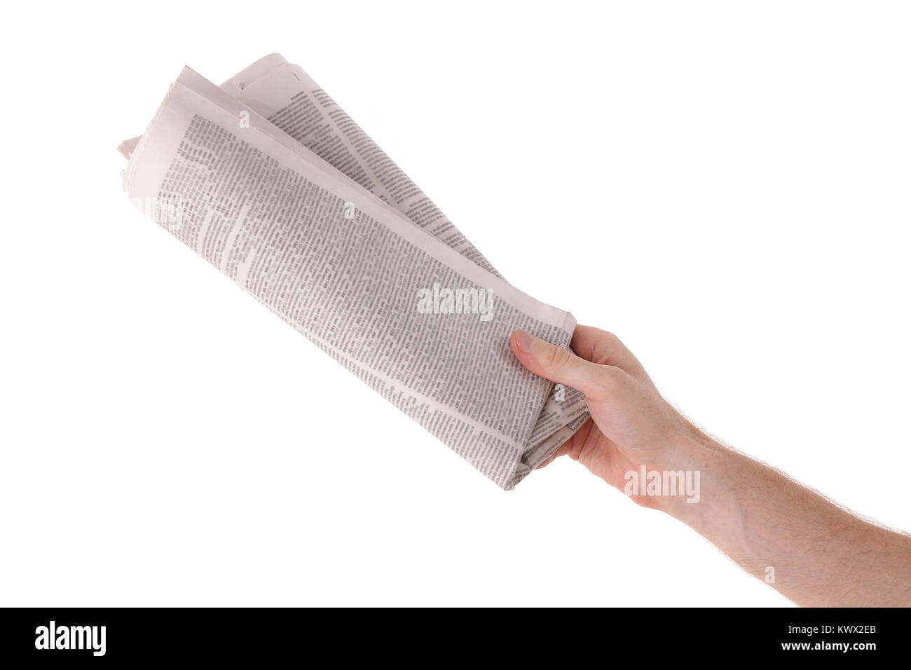 Male hand give newspaper. Isolated on white Stock Photo - Alamy