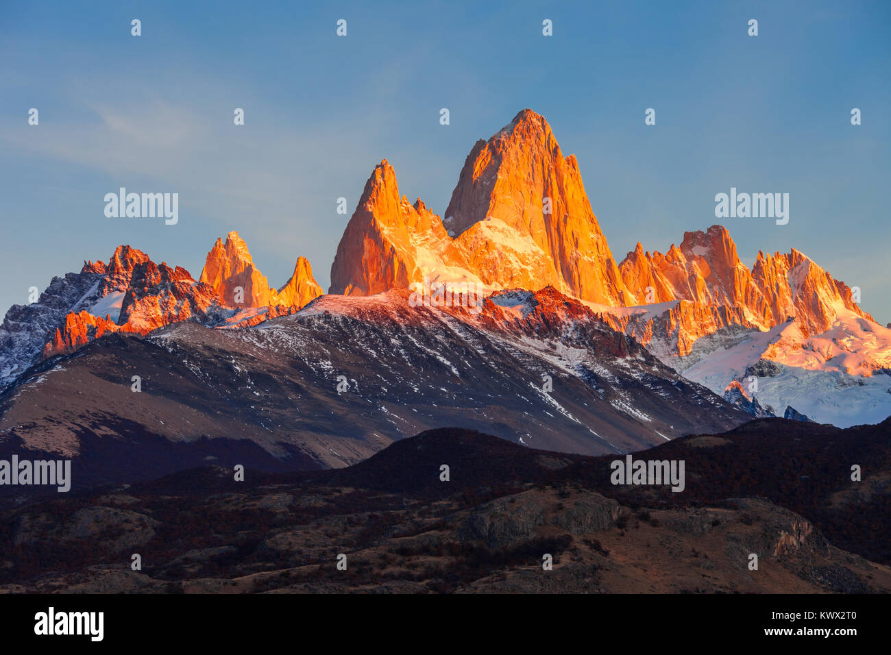 Monte Fitz Roy (also known as Cerro Chalten) aerial sunrise view. Fitz ...