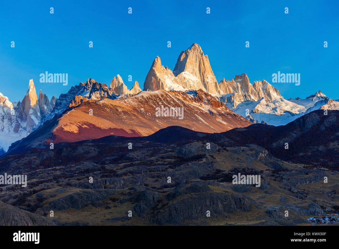 Fitz Roy sunrise view. Fitz Roy is a mountain near El Chalten in ...