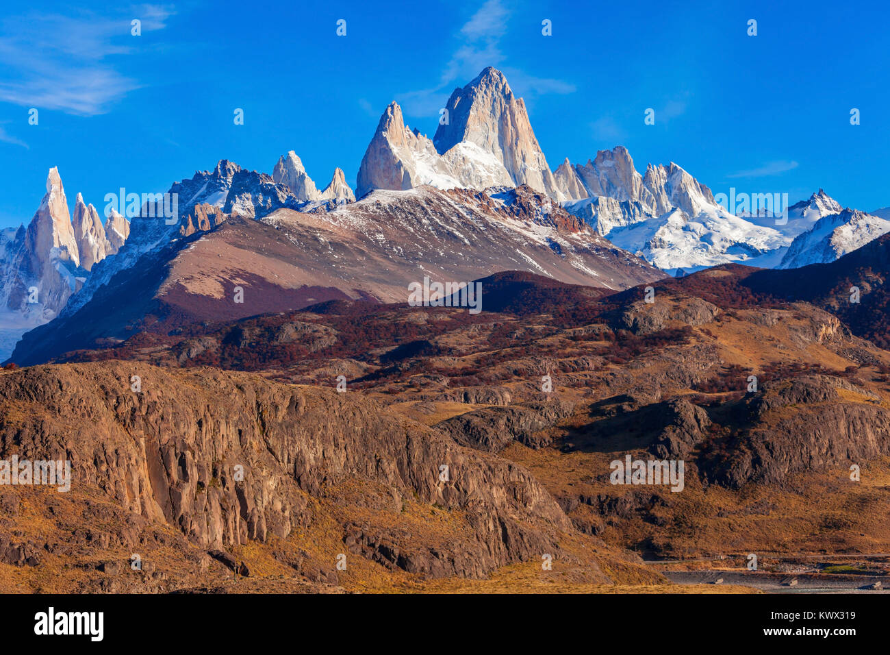 Monte Fitz Roy (also known as Cerro Chalten) aerial view. Fitz Roy is a ...