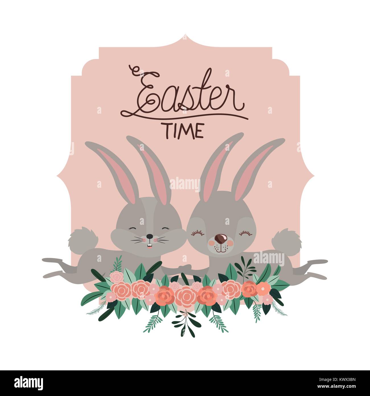 easter time frame with bunnies couple and ornament floral in colorful ...
