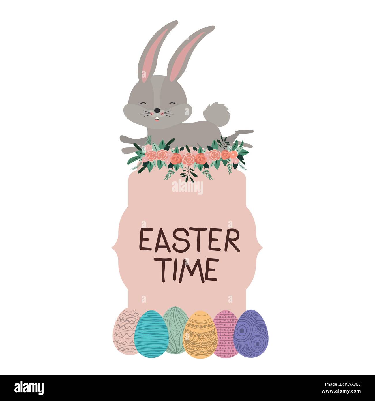 easter time frame with bunny on top and easter eggs and ornament floral ...
