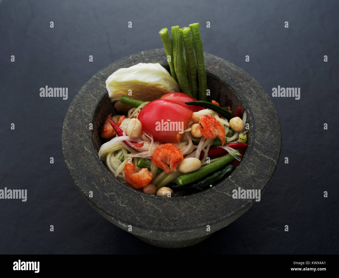 Thai green papaya salad, Som Tam, famous stree food of Thailand in ...