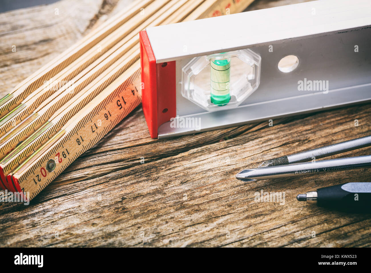 Various hand tools on a wooden bench Stock Photo - Alamy