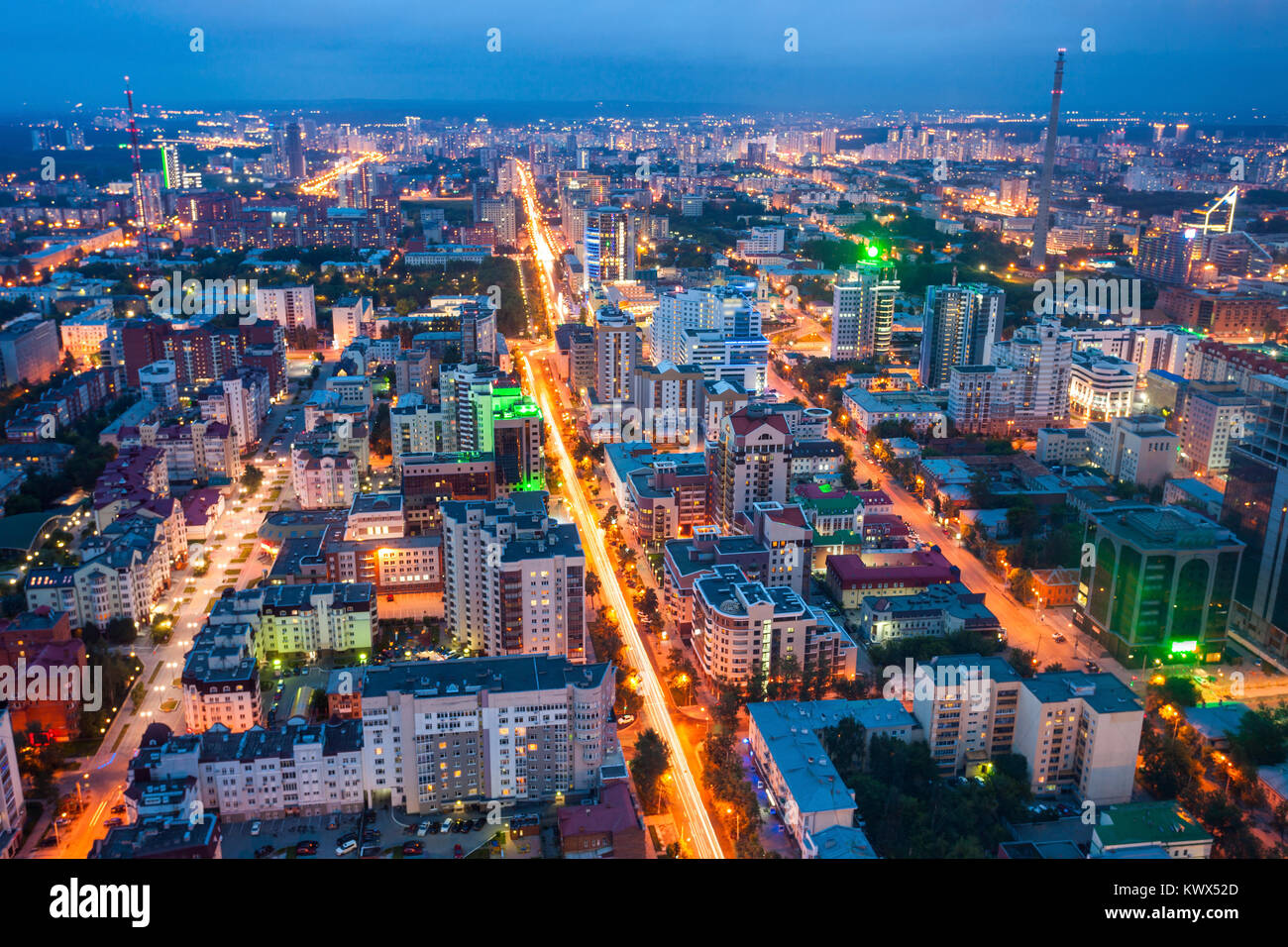 Yekaterinburg aerial panoramic view at night. Ekaterinburg is the ...
