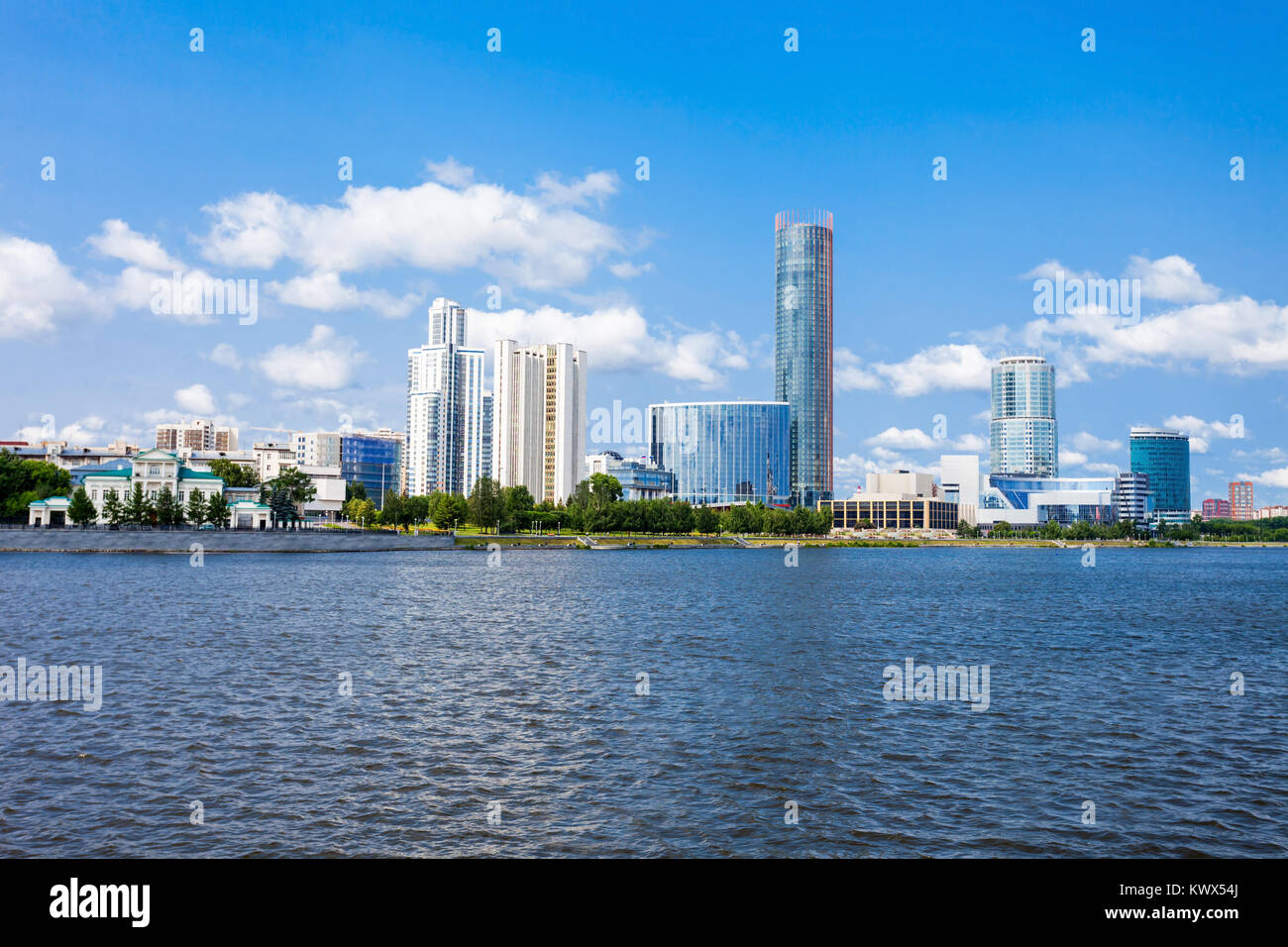 Yekaterinburg city center skyline and Iset river. Ekaterinburg is the ...