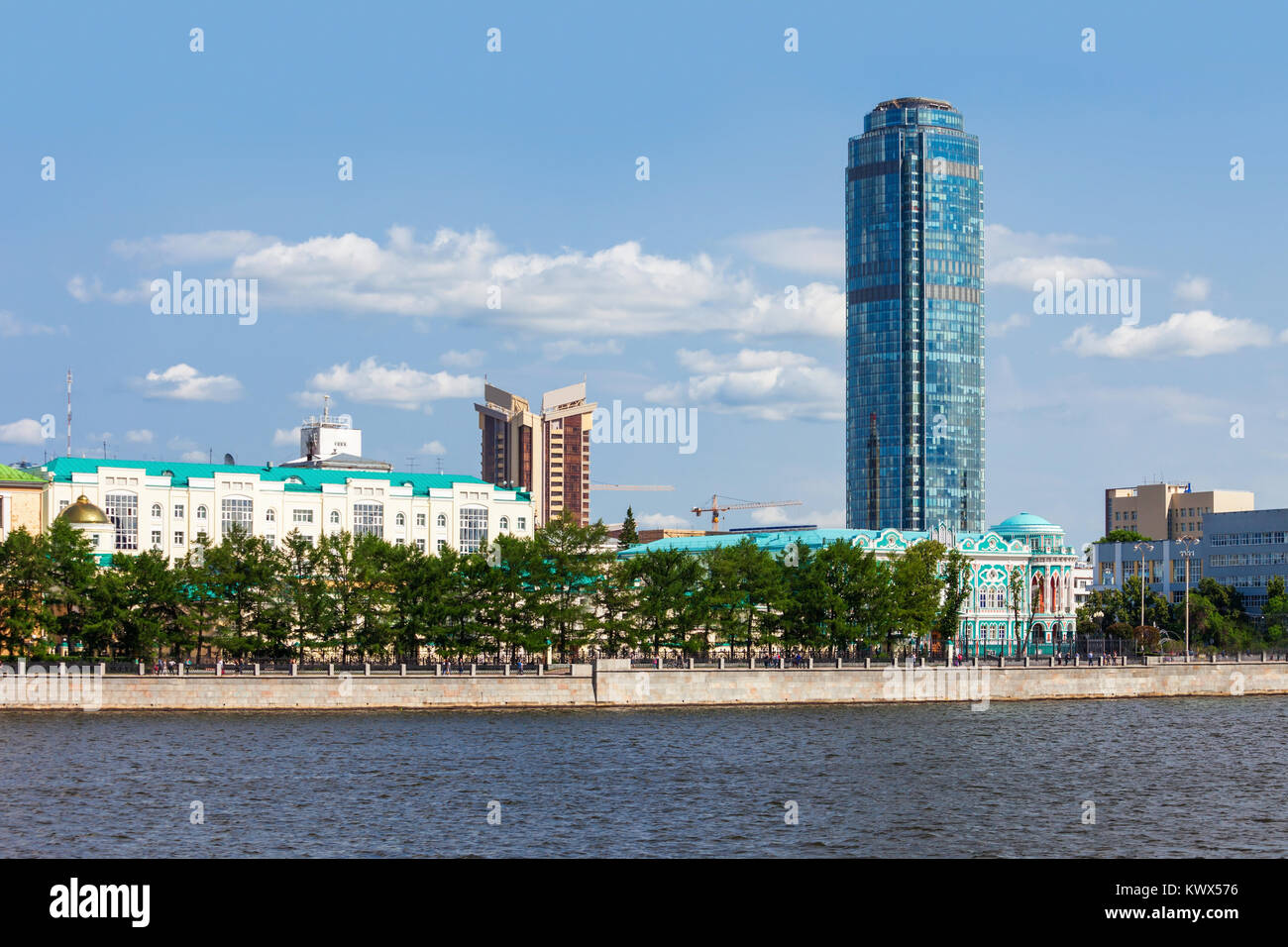 Yekaterinburg city center skyline and Iset river. Ekaterinburg is the ...