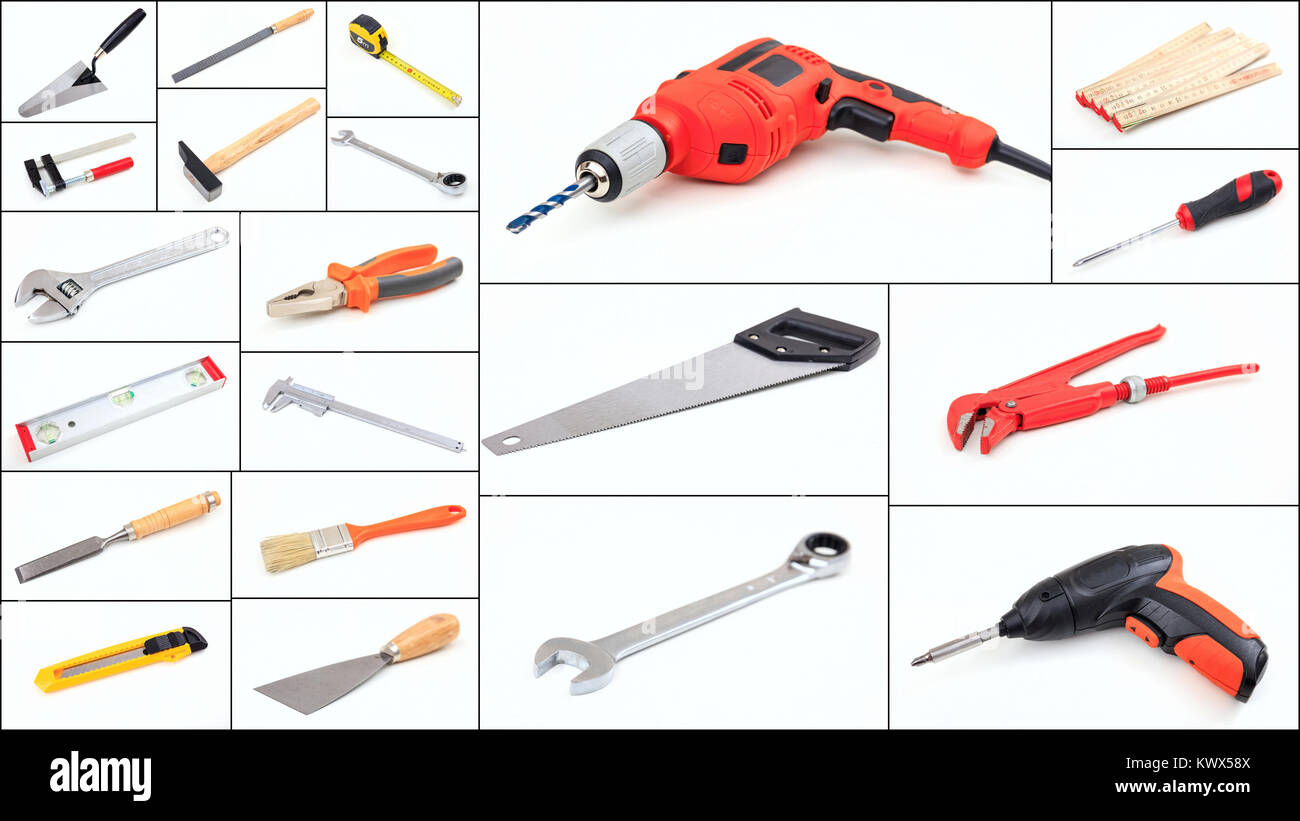 Set of hand tools on white background collage Stock Photo - Alamy
