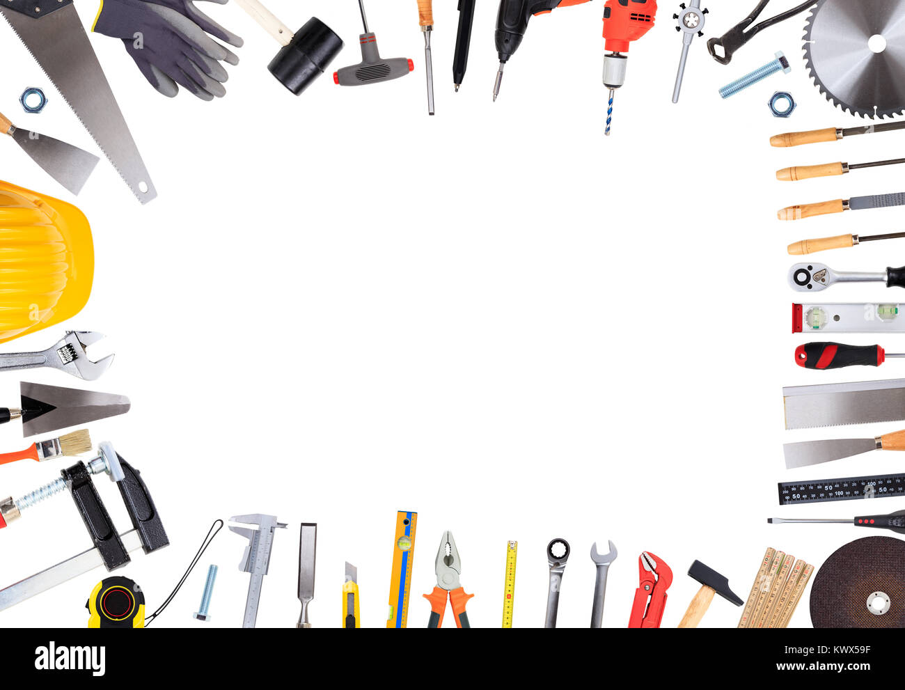 Set of hand tools with copy space on white background Stock Photo - Alamy