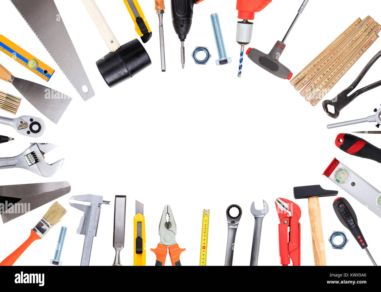 Set of hand tools with copy space on white background Stock Photo - Alamy
