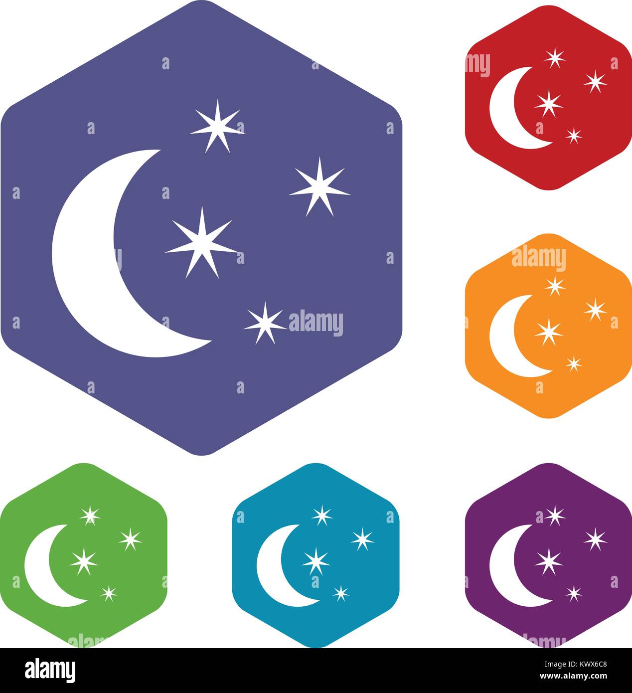 Moon and stars icons set rhombus in different colors isolated on white ...