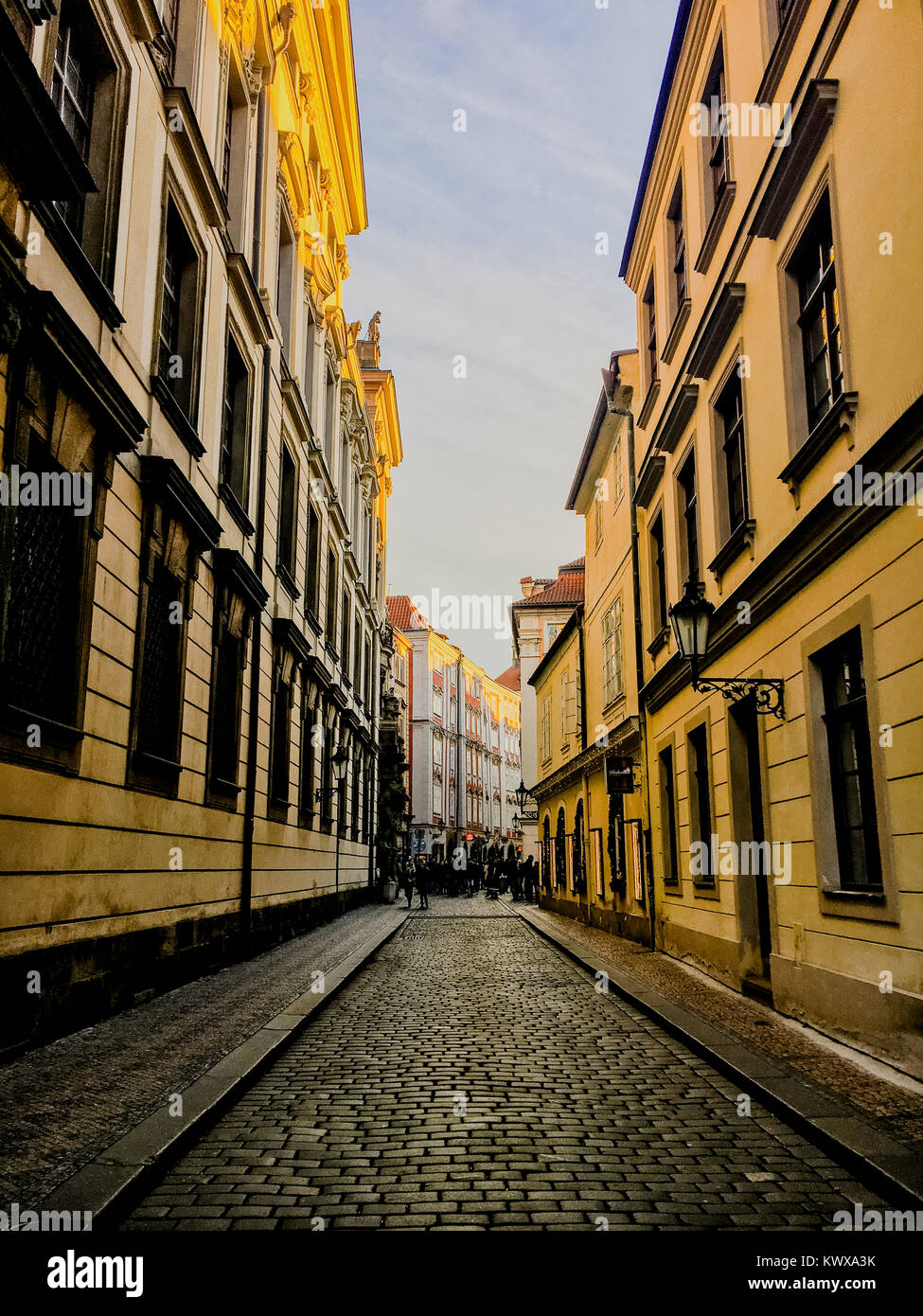 Czech Republic, Prague 26 December 2017: empty street with bsuuchatka ...