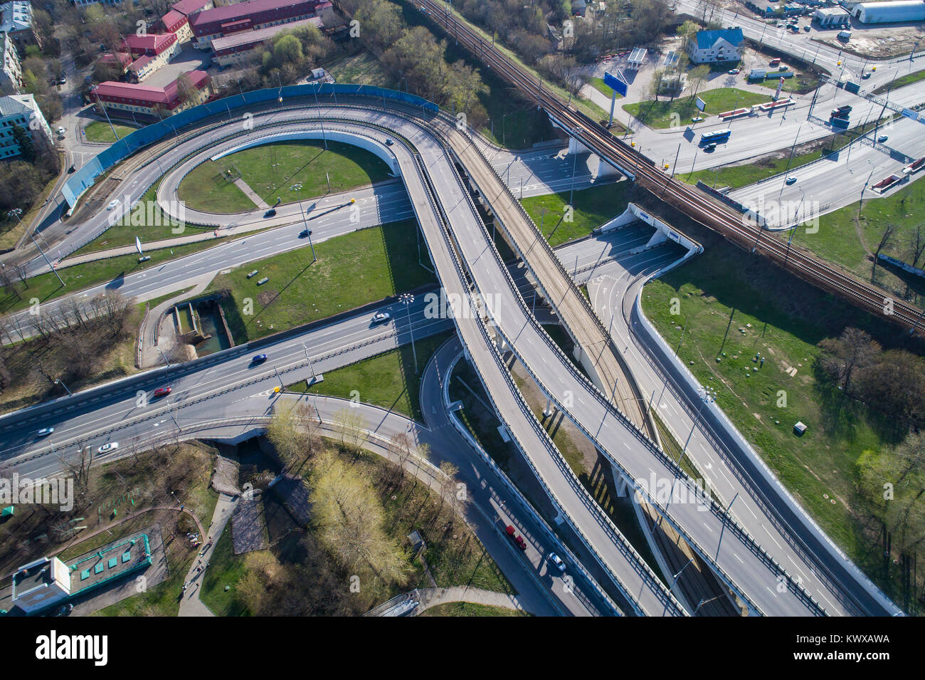 Aerial view of a freeway intersection. Aerial photography Stock Photo ...