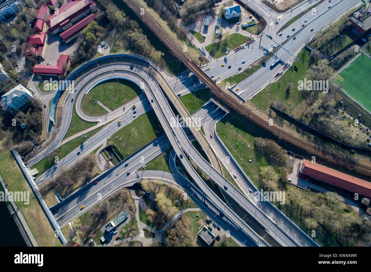 Aerial view of a freeway intersection. Aerial photography Stock Photo ...