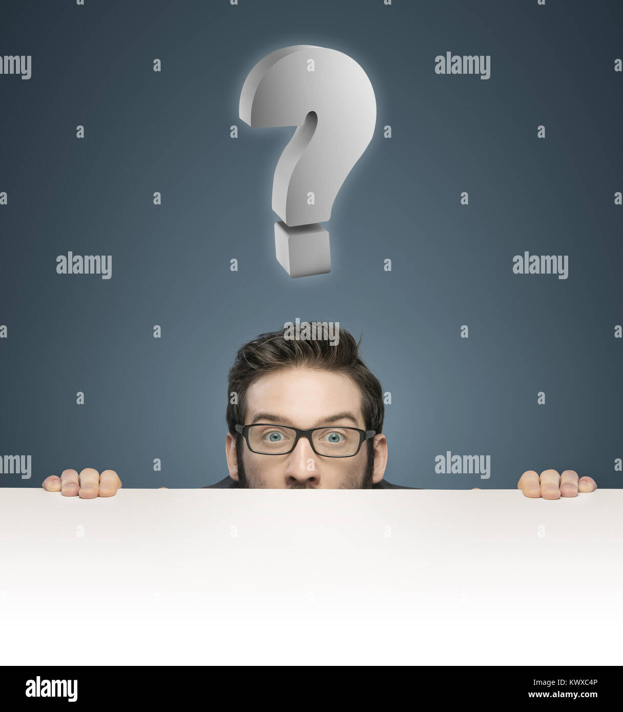 Closeup portrait of a businessman with a question mark Stock Photo - Alamy