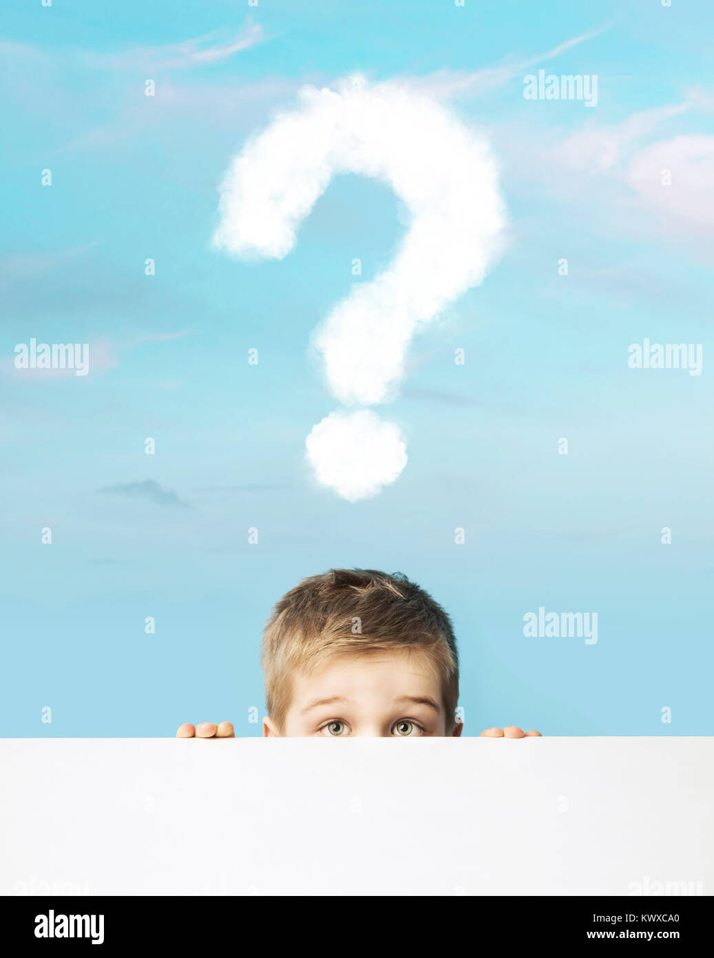 Little man with a question mark above head Stock Photo - Alamy
