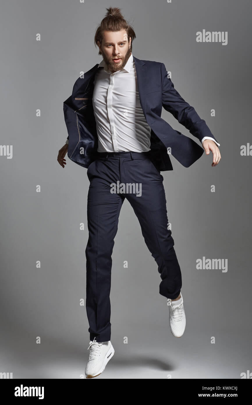 Portrait of the jumping male model Stock Photo - Alamy