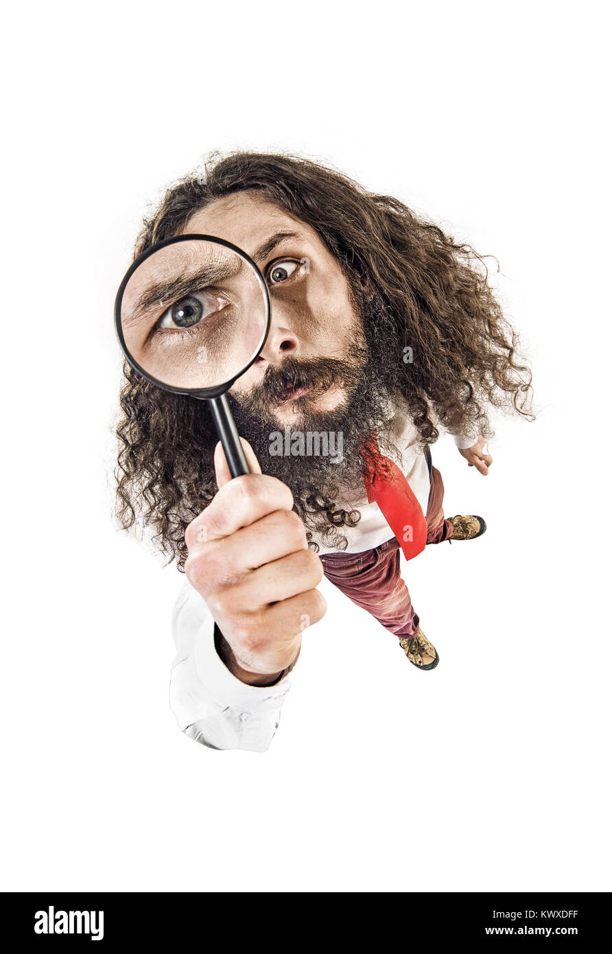 Fish-eye image of a worker holding a magnifying glass Stock Photo - Alamy
