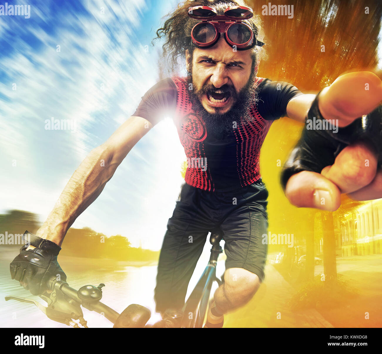 Funny image of a shouting bicyclist Stock Photo - Alamy