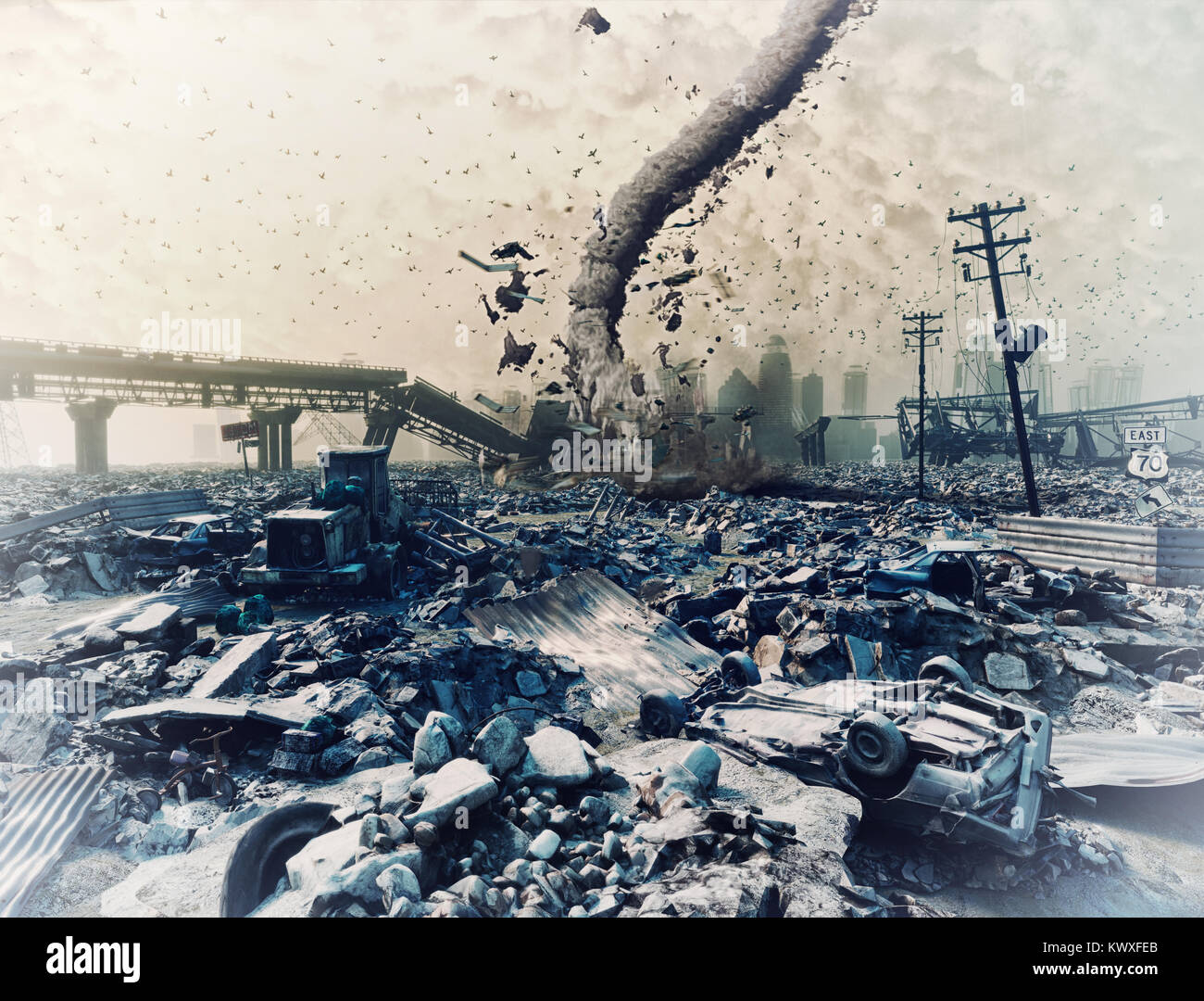 Ruins of a city and tornado. Disaster landscape.3d illustration concept ...