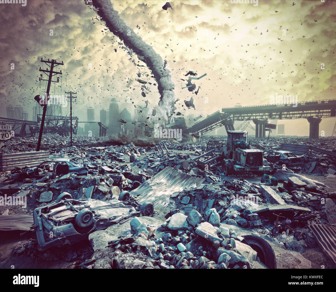 Ruins of a city and tornado. Disaster landscape.3d illustration concept ...