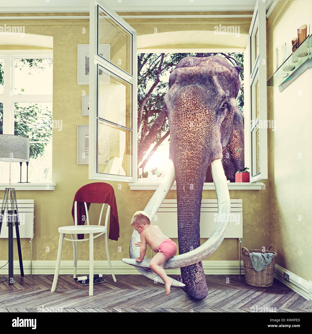 The elephant in the room window and baby, Photo combination concept ...