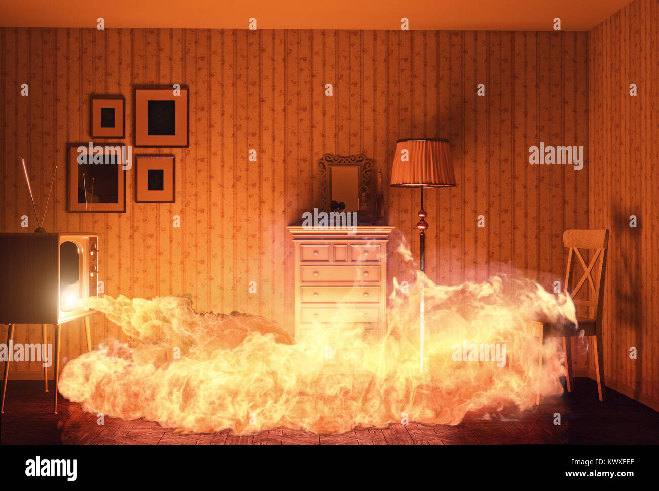burnig room from fire in tv. 3d creative concept Stock Photo - Alamy