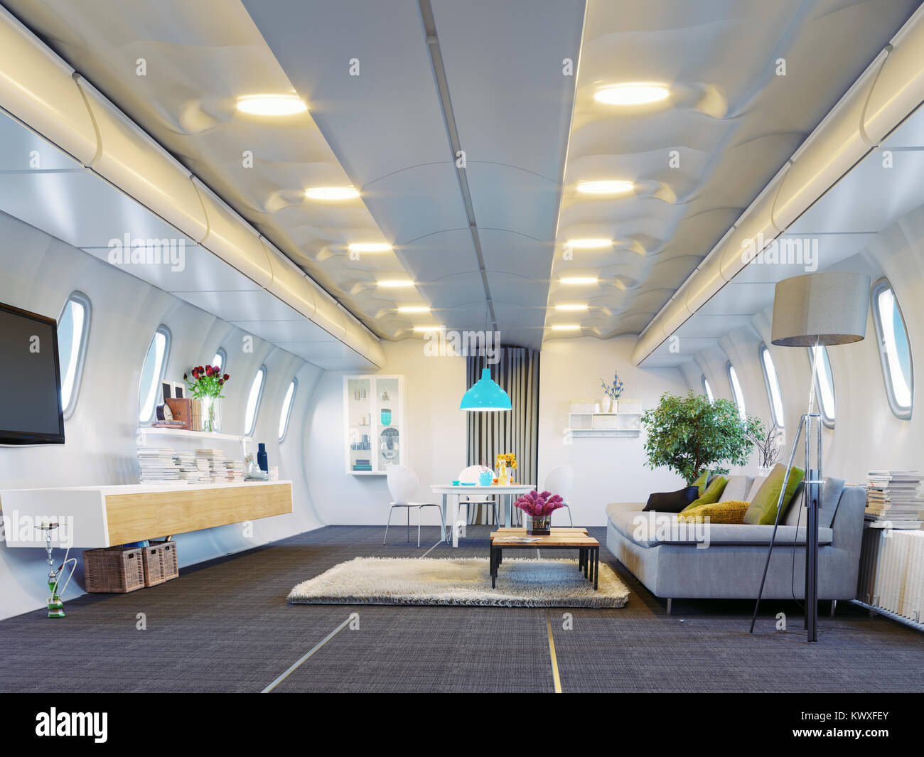 airplane cabin as a living room. Vip fly concept. 3d rendering Stock ...