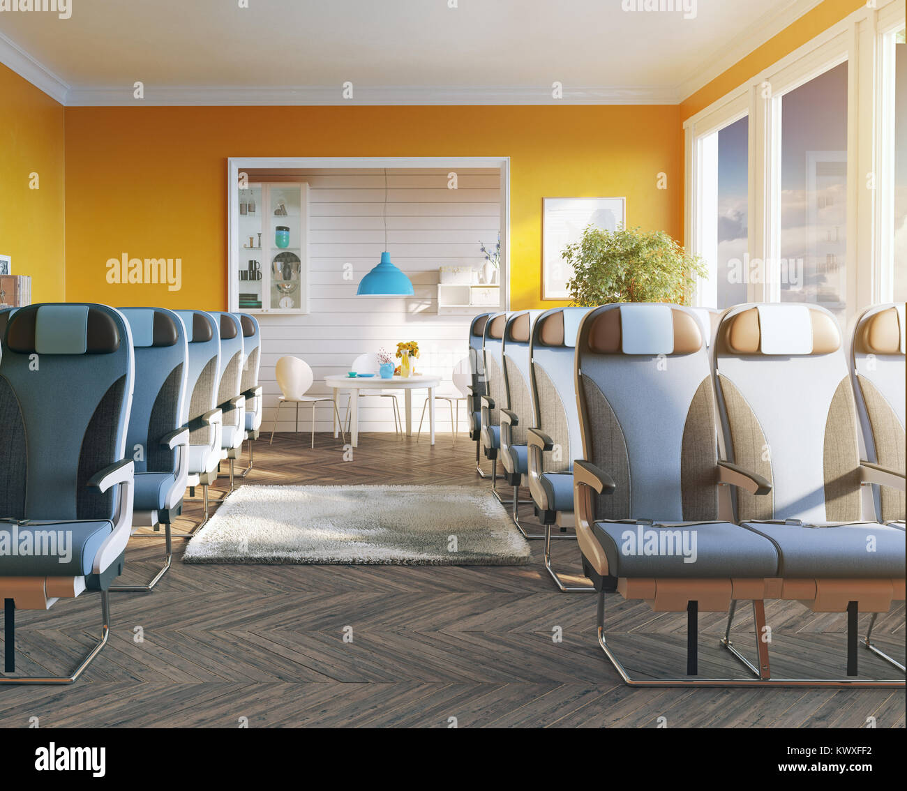 An airplane business class seats in the room. Vip transport concept ...