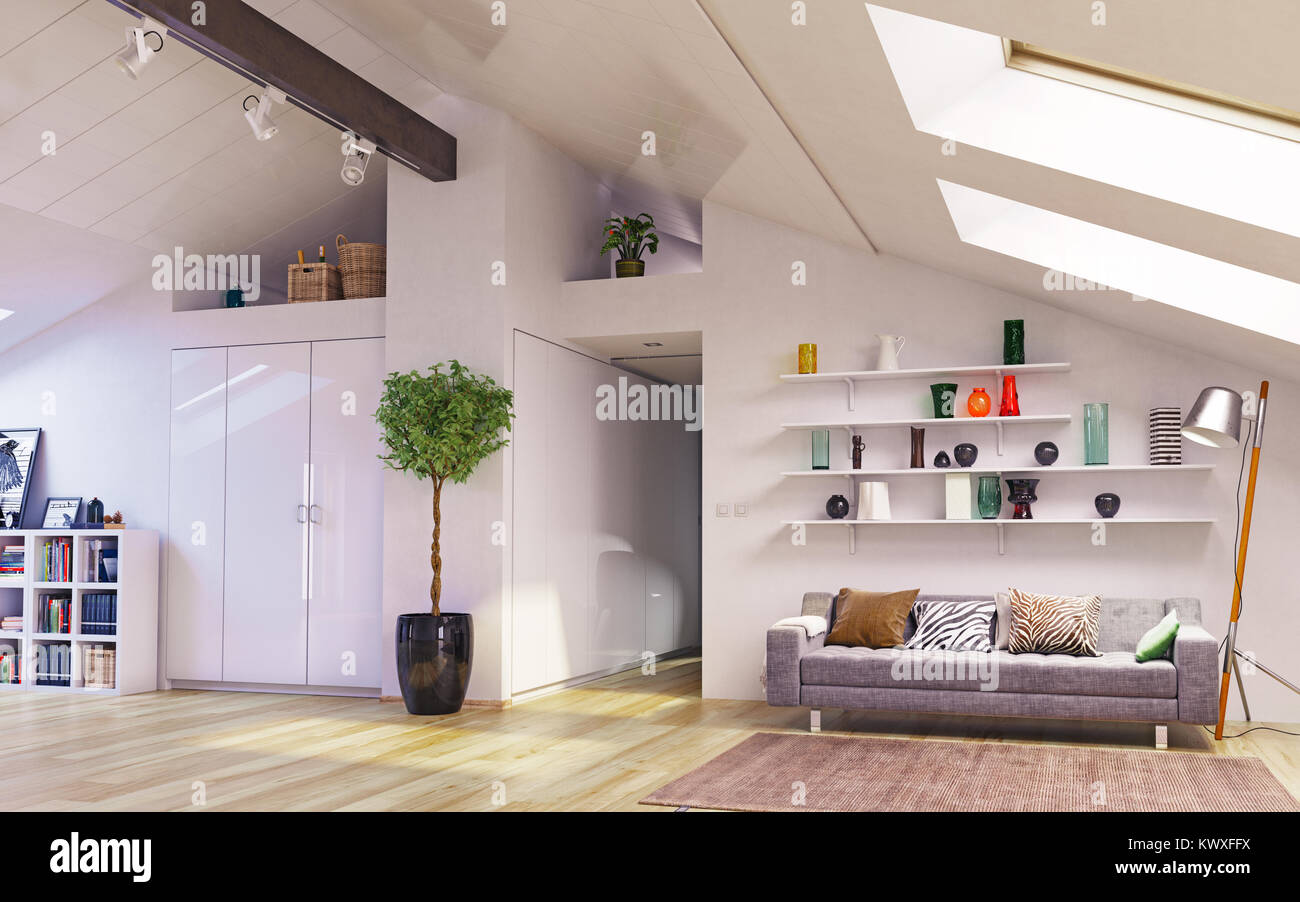 Attic floor design.3d illustration concept Stock Photo - Alamy
