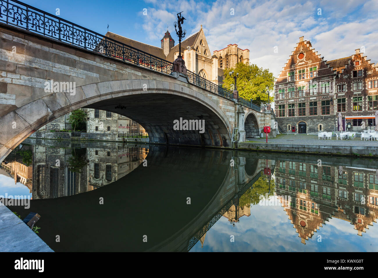 Spring morning at St Michael's bridge in Ghent old town, Belgium Stock ...