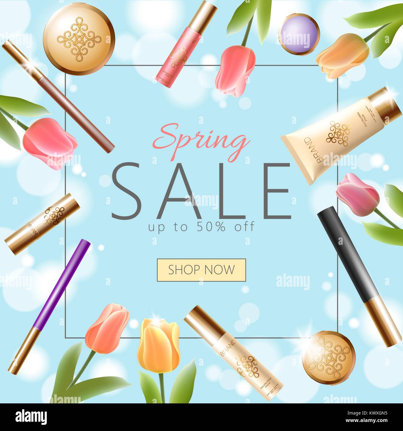 Realistic 3d cosmetic spring sale banner template. Square promotional ...