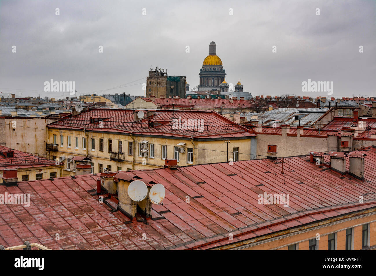 A view of the rooftops of Saint-Petersburg of the cafes in the side ...