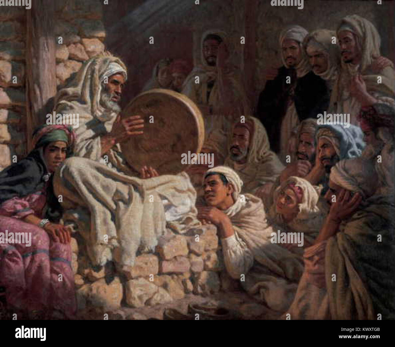 A depiction of a blind storyteller singing the epic of the Prophet, a ...
