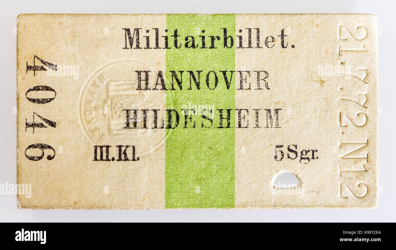 A military train ticket from 1872 for travel between Hannover and ...