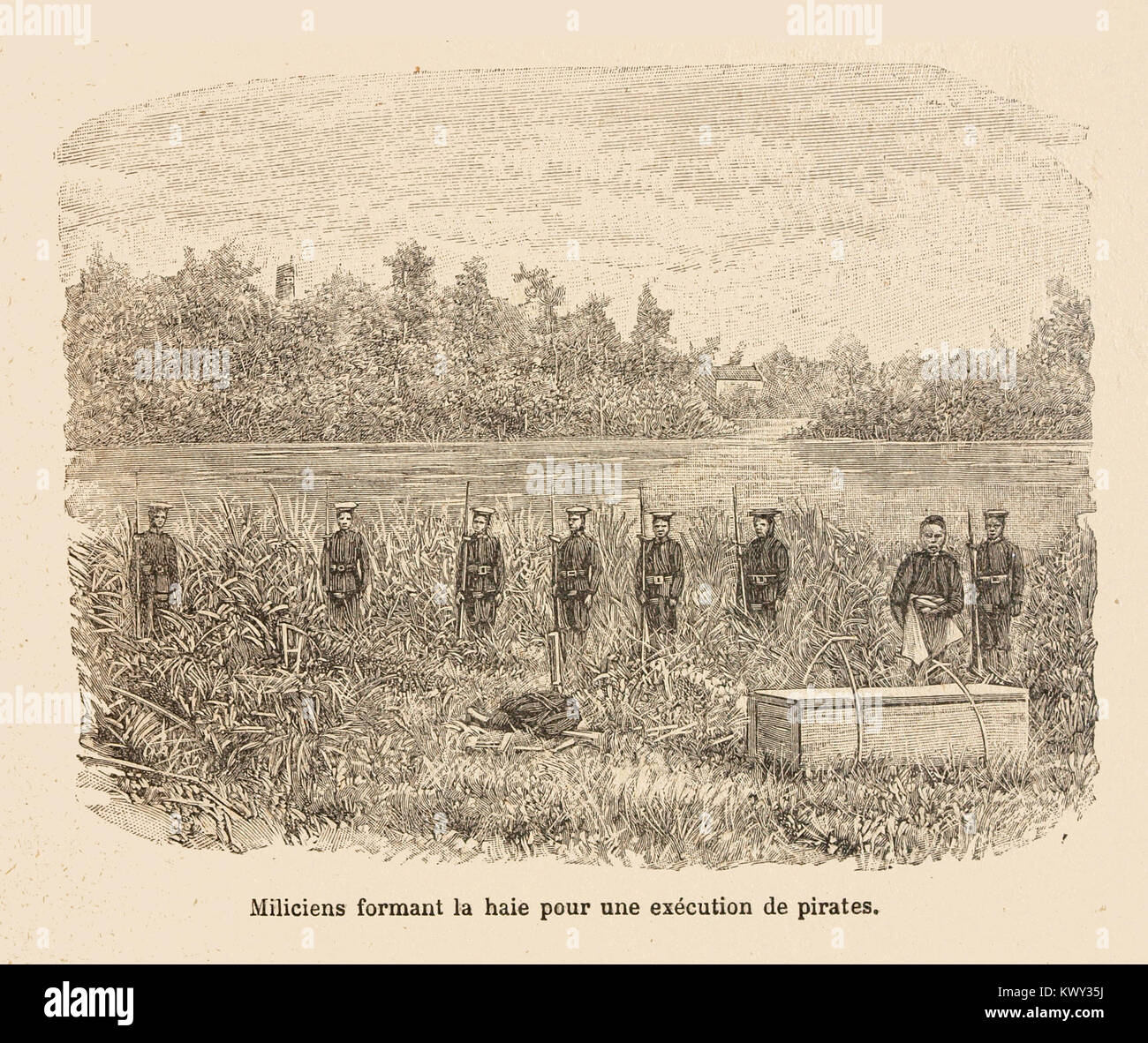 A historical scene from 1899 showing a French military execution squad ...