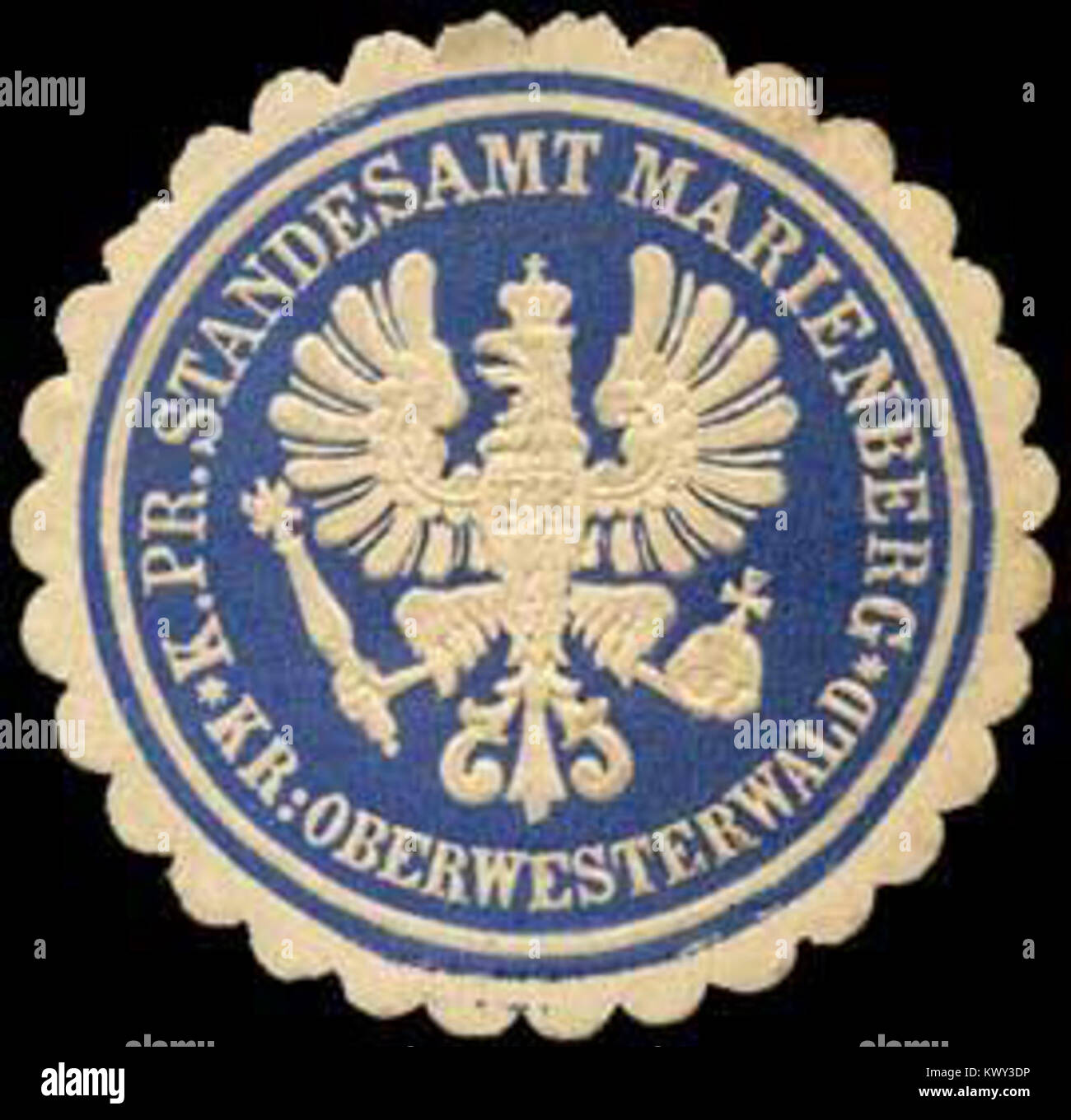 A royal Prussian paper sealing mark from the Standesamt in Marienberg ...
