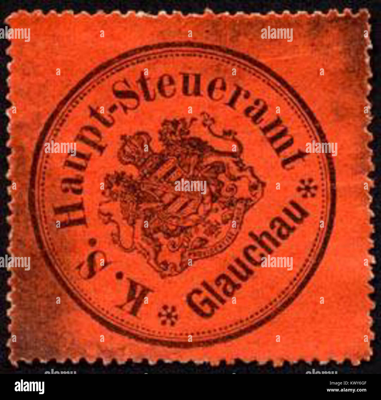 A stamp from the Royal Saxon Main Tax Office in Glauchau, Germany, used ...