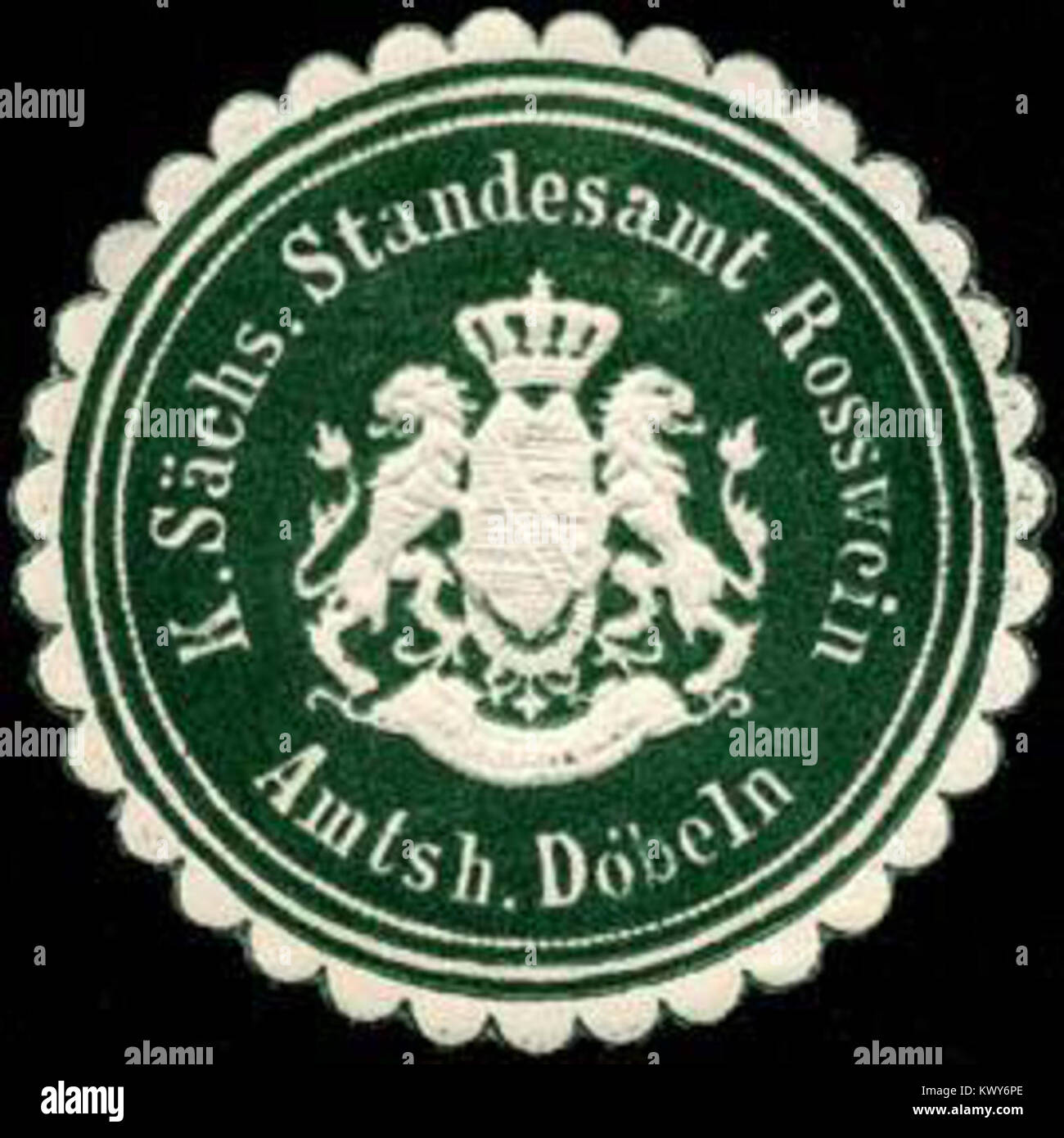 A seal mark from the Royal Saxon Civil Registry in Rosswein, part of ...