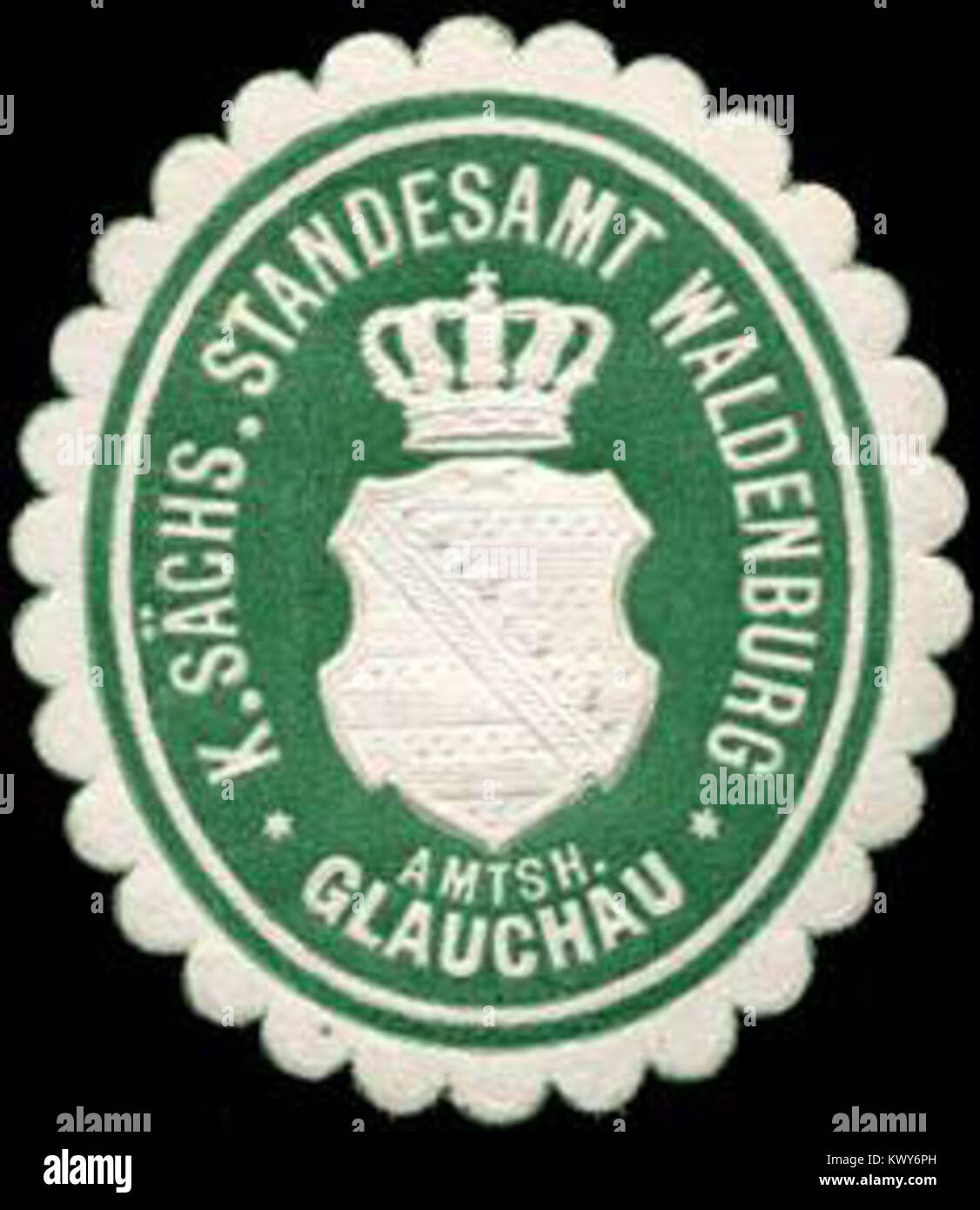 A seal from the Royal Saxon Civil Registry of Waldenburg, used for ...
