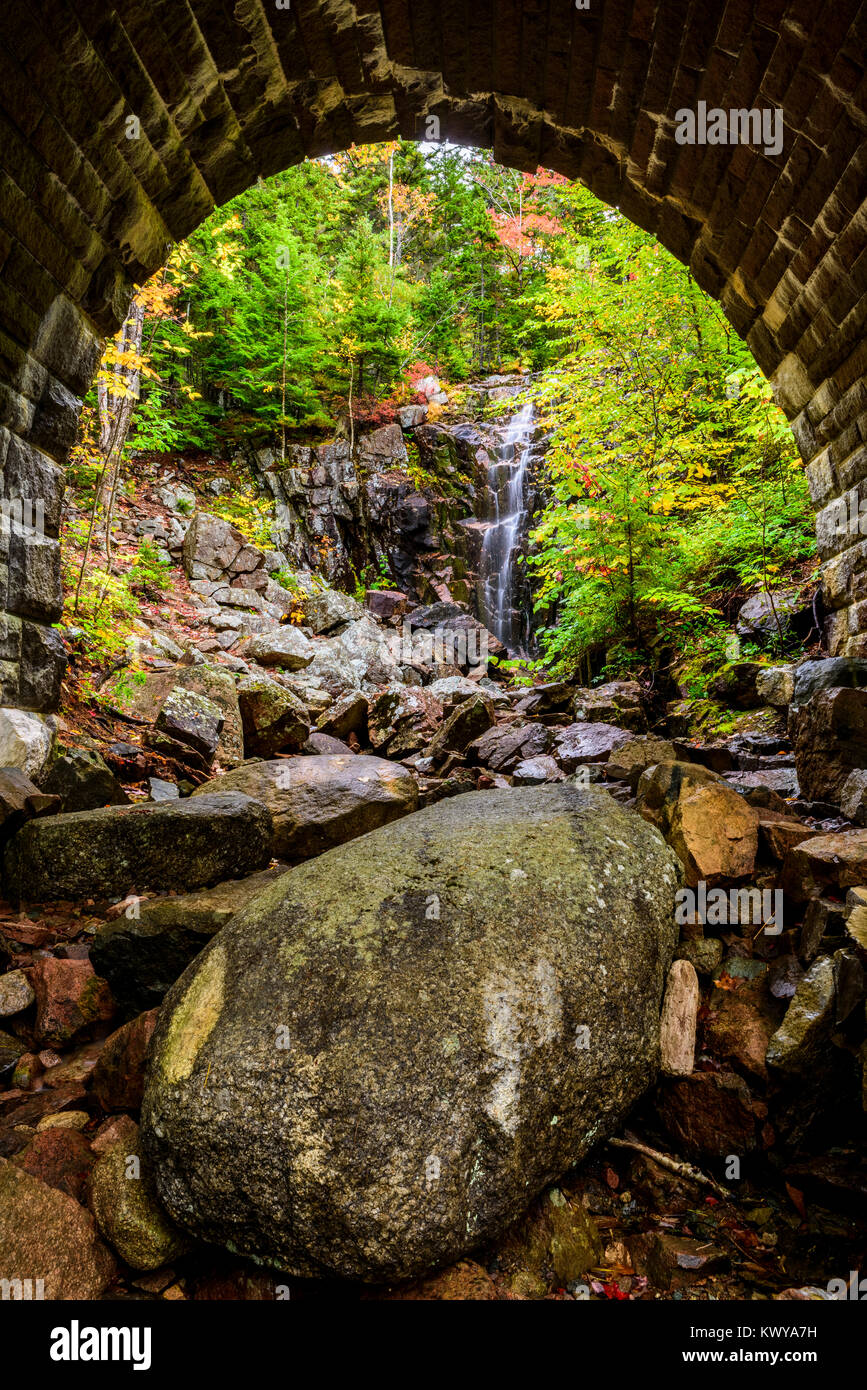 View of Hadlock Falls from under Waterfall Bridge in Acadia National ...