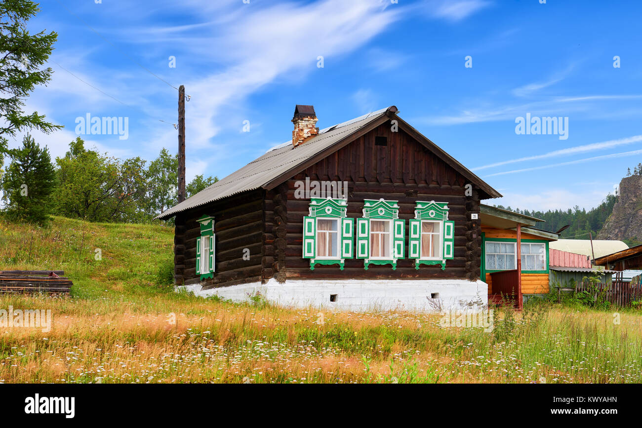 BOLSHIYE KOTY, IRKUTSK REGION, RUSSIA - July 24, 2017: Wooden Russian ...