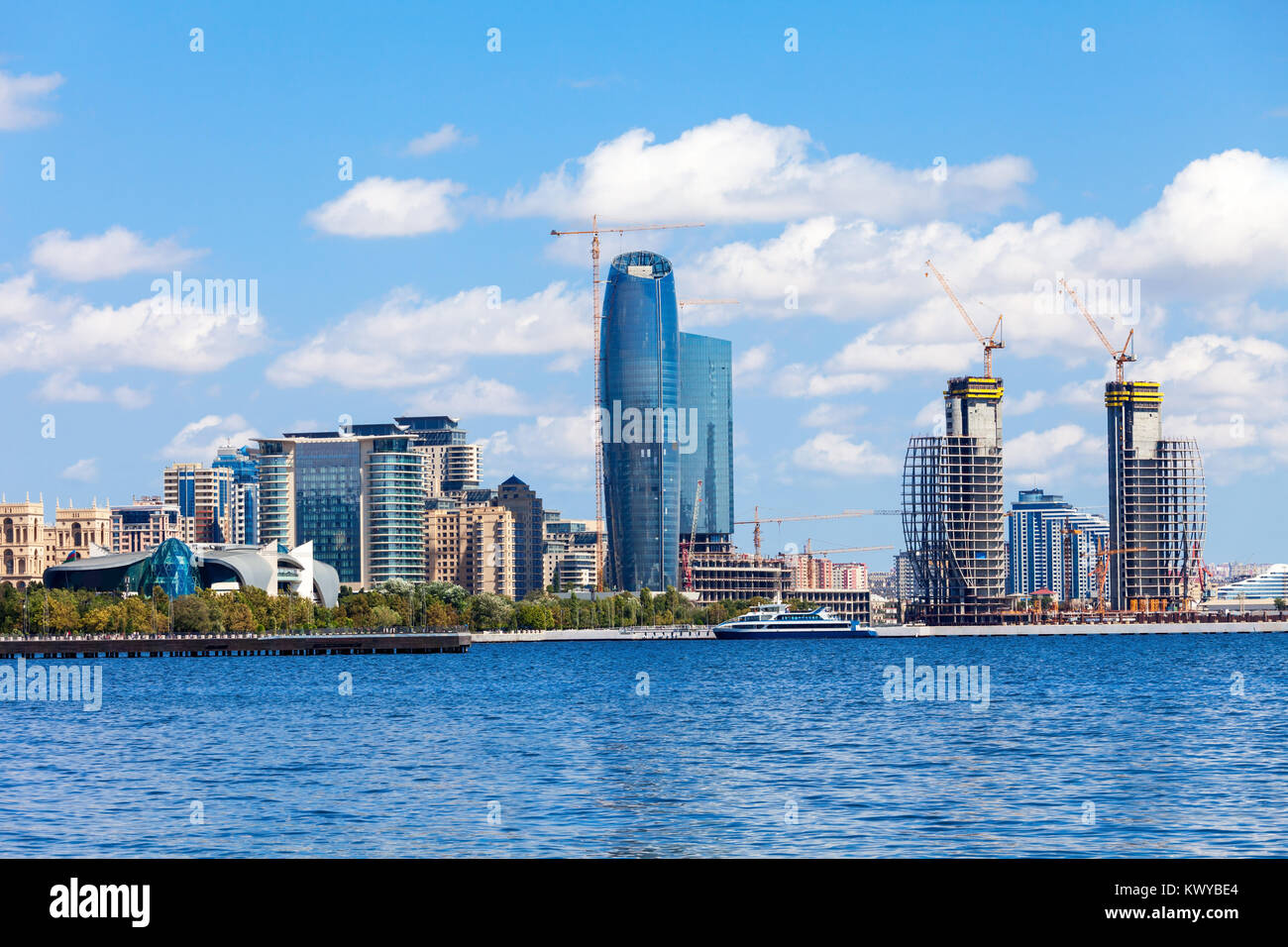 Baky skyline view from Baku boulevard (the Caspian Sea embankment ...