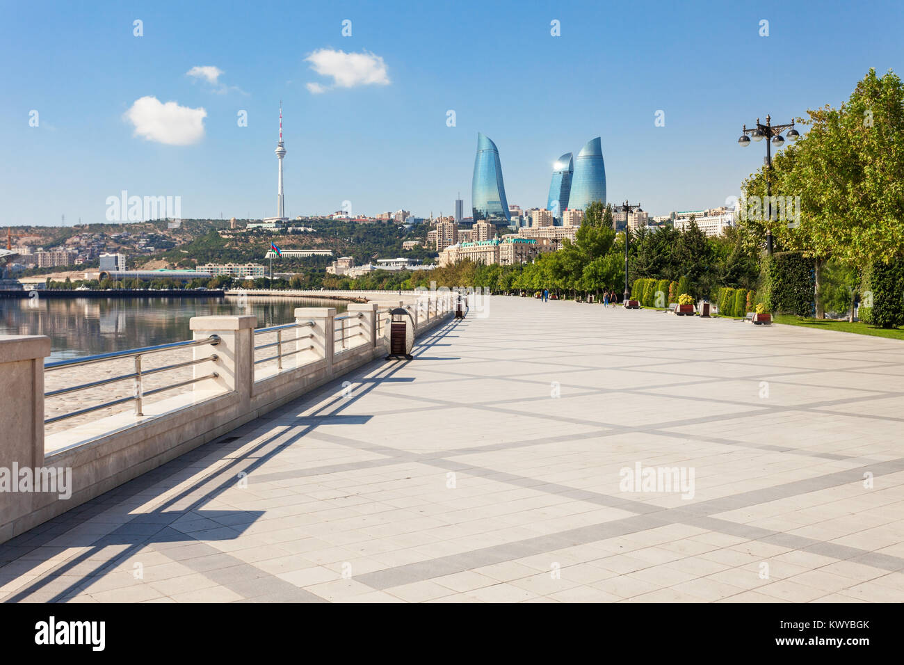 Baku boulevard at the Caspian Sea embankment. Baku is the capital and ...