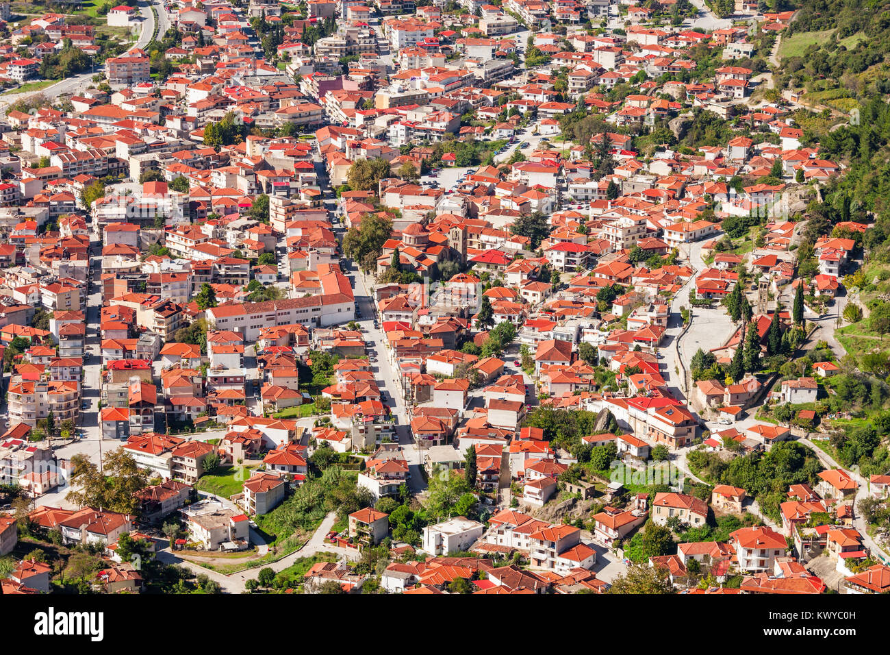 Kalabaka or Kalambaka and Kalampaka city aerial view. It is a town and ...