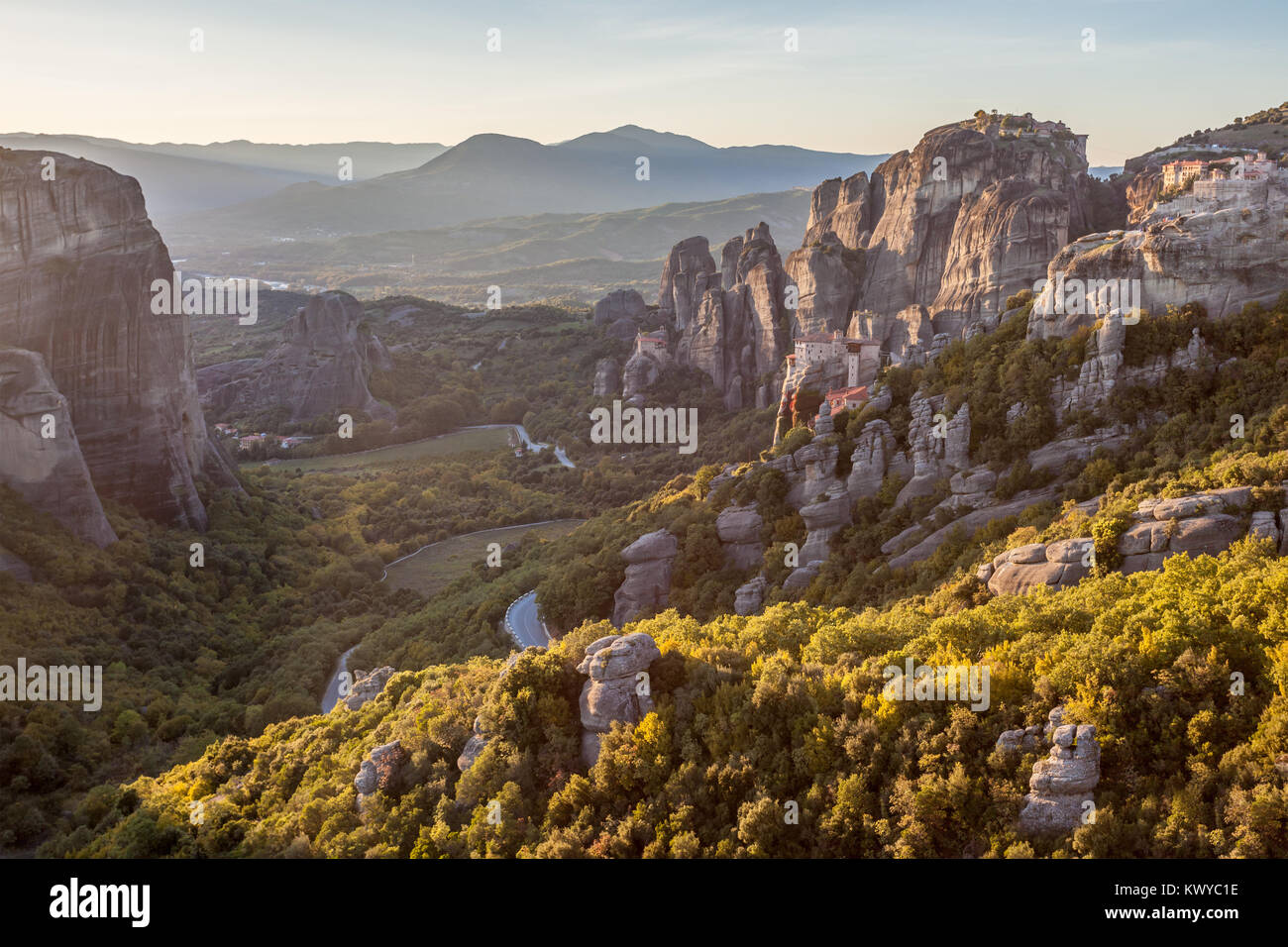 The Meteora at sunset. Meteora is a formation of immense monolithic ...