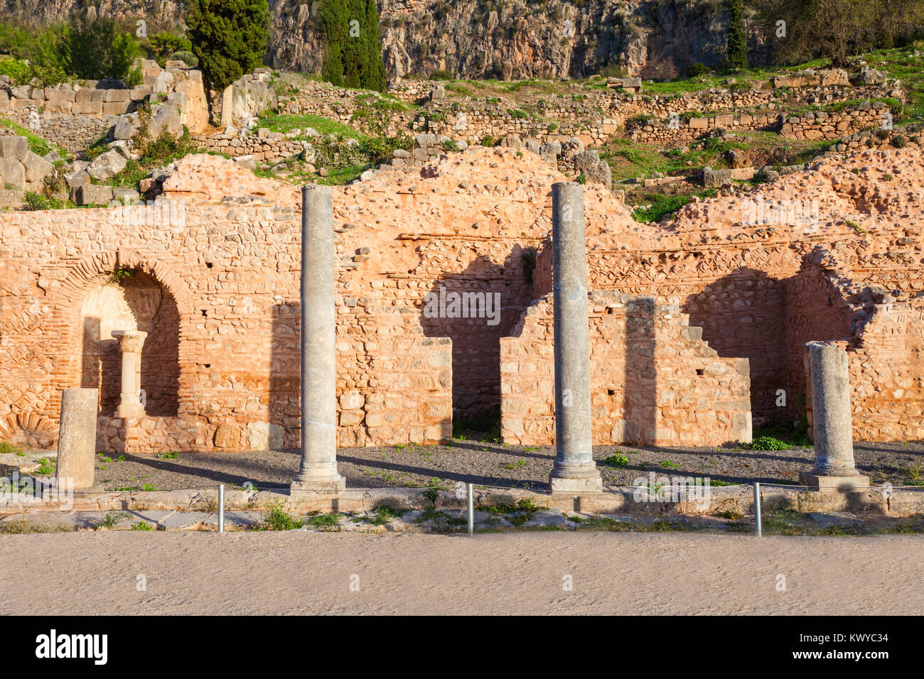 Ruined columns at the Spartan colonnade in Delphi. Delphi is ancient ...