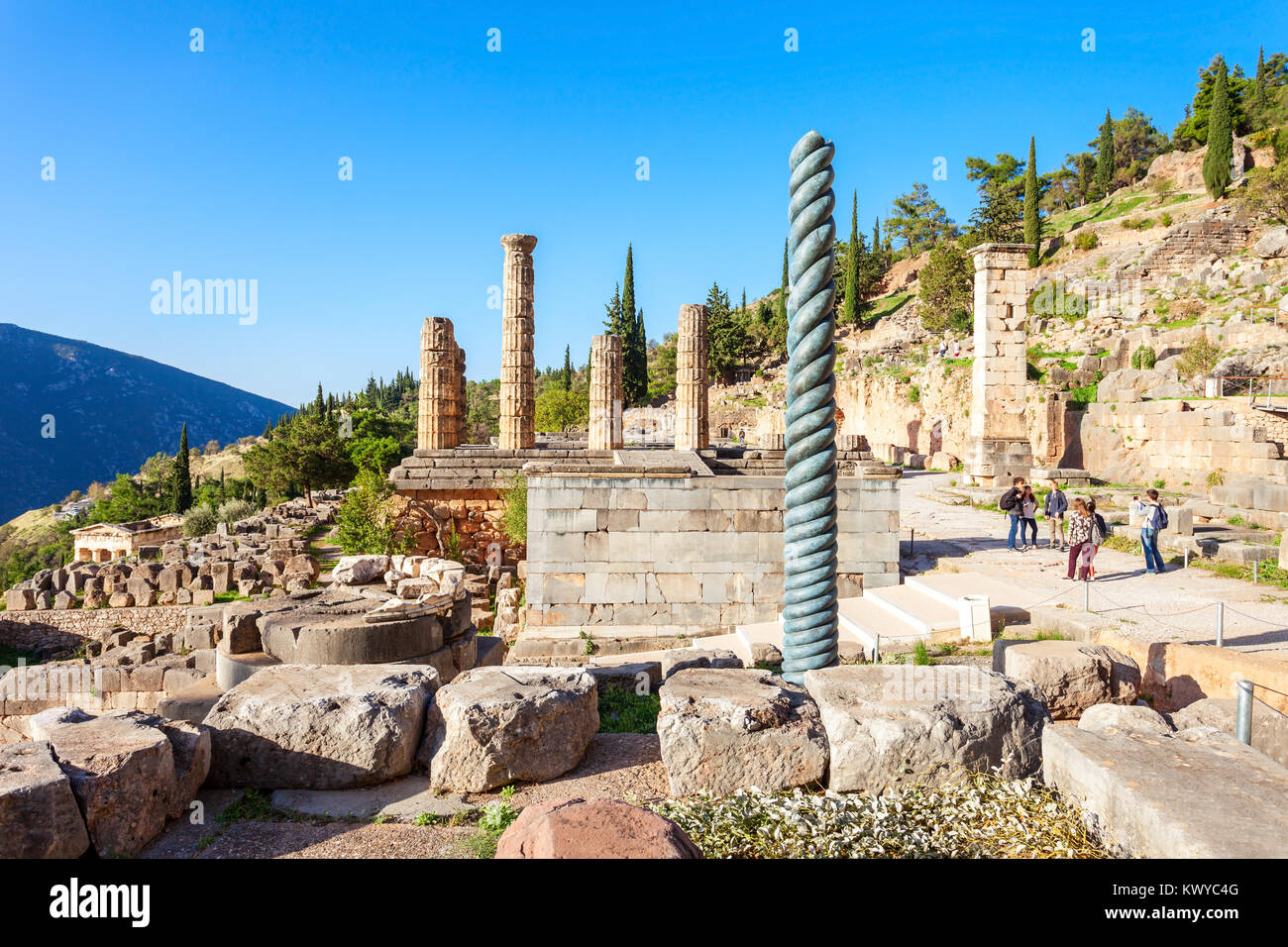 Serpent Column of Plataea and Temple of Apollo in Delphi. Delphi is ...