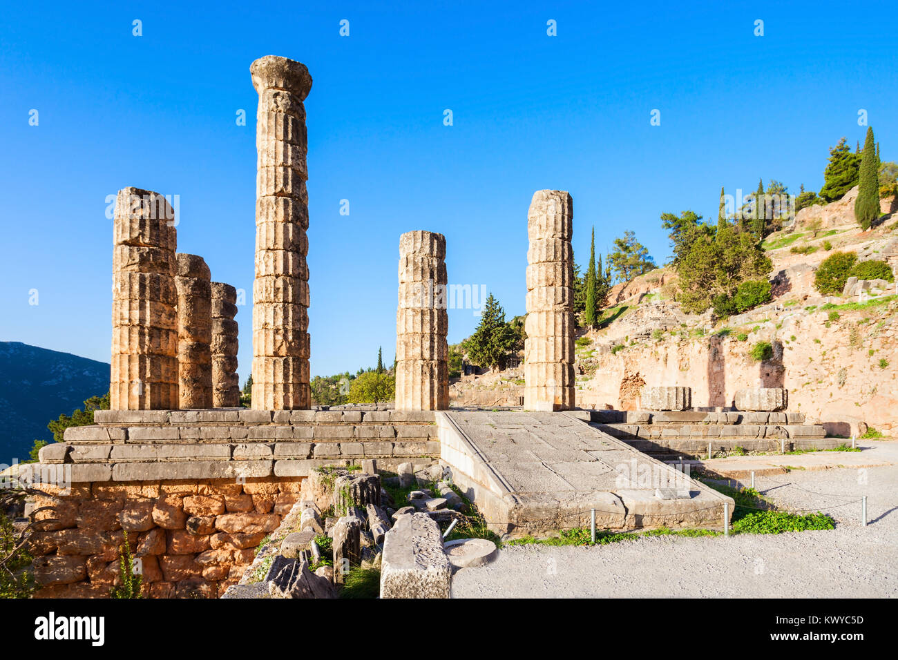 Ruined columns of the Temple of Apollo in Delphi. Delphi was an ...