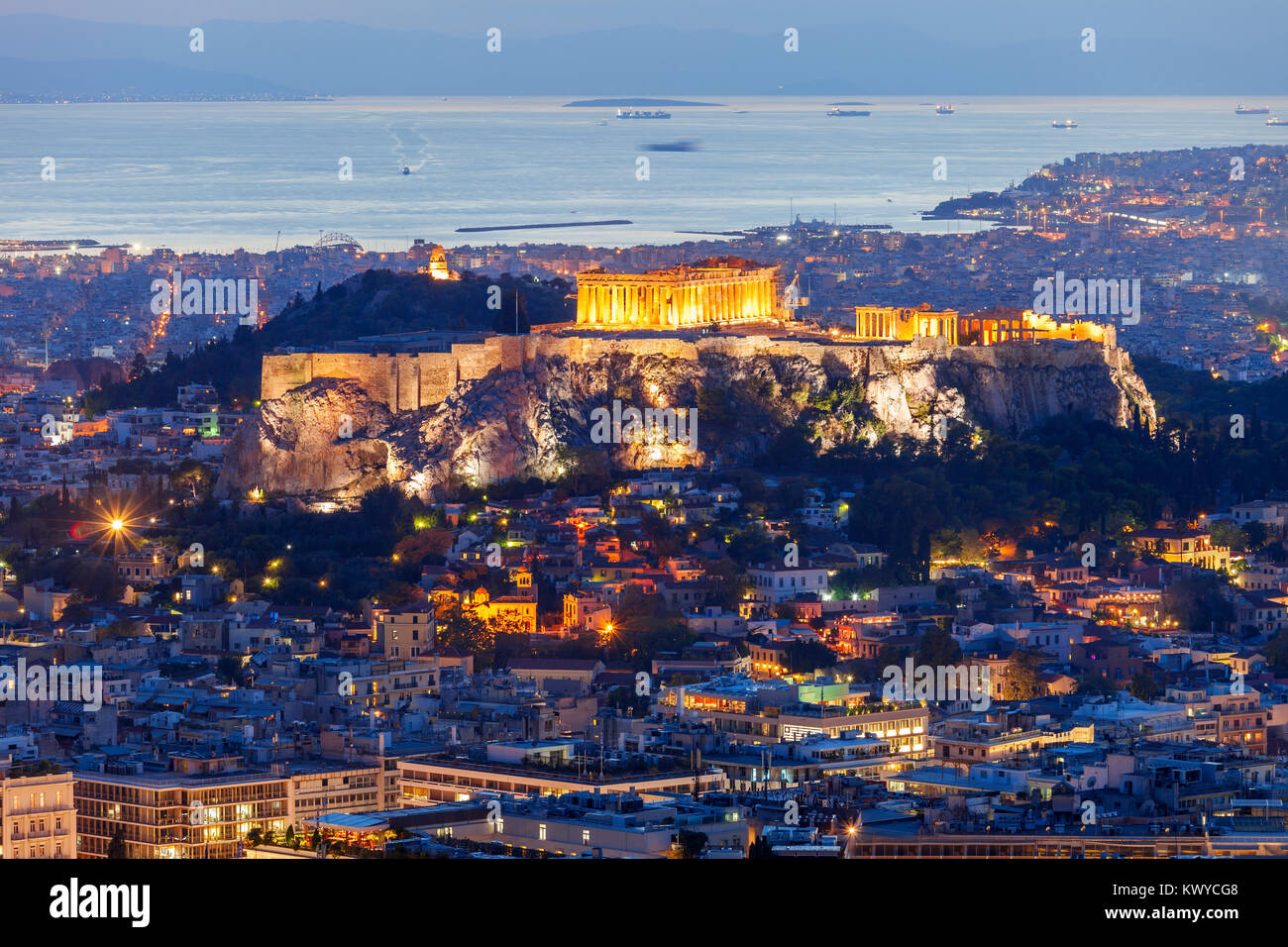 The Parthenon Temple aerial panoramic view at night. Parthenon Temple ...